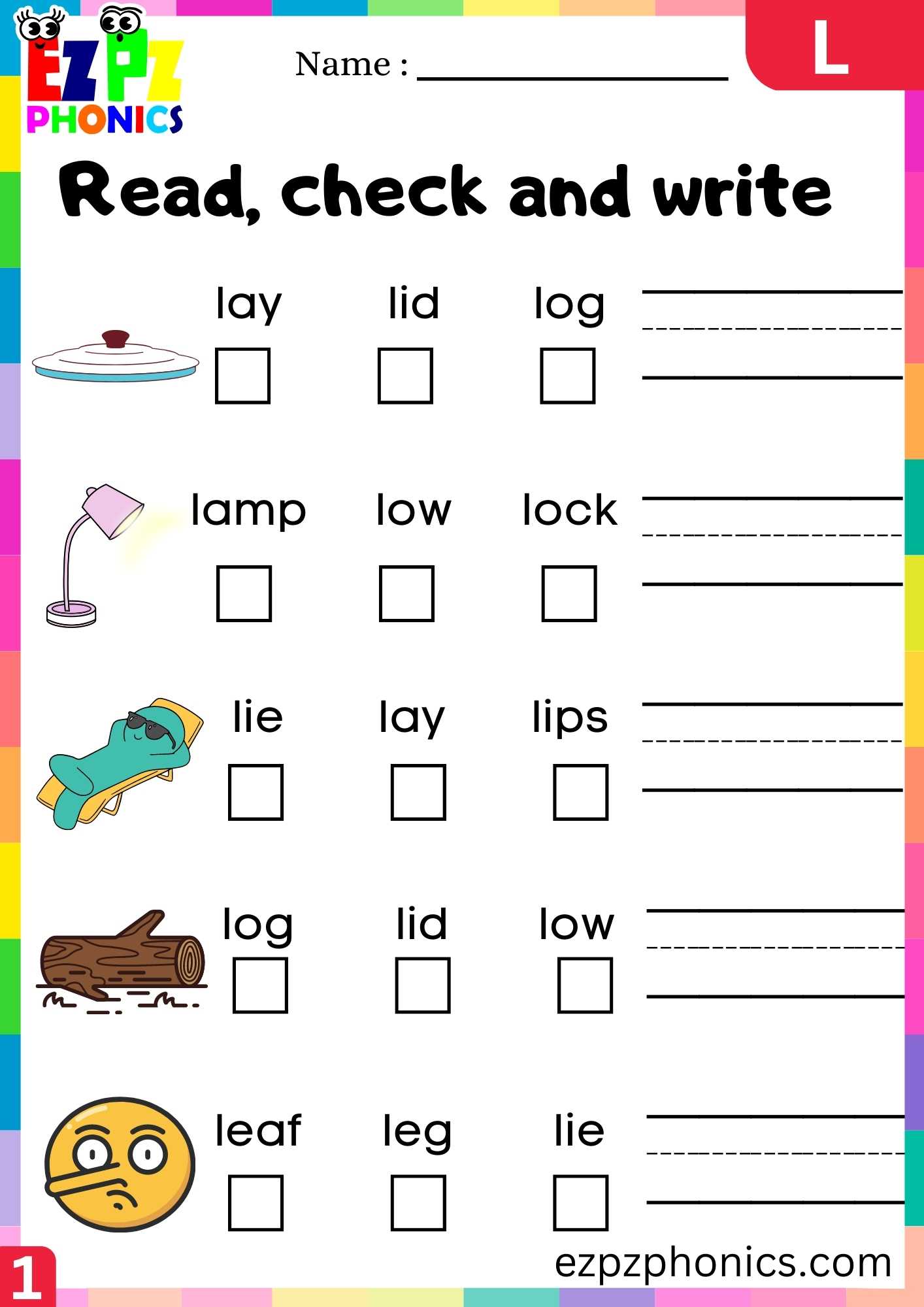 Letter L Read, Check And Write Beginning Sounds Worksheet - ezpzphonics.com